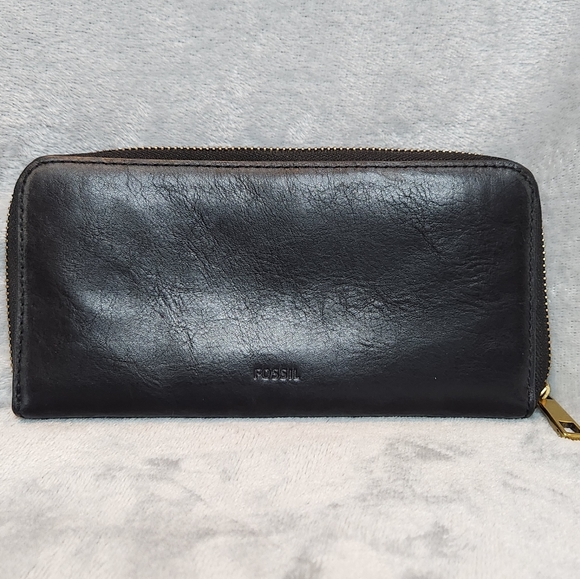 Fossil | Bags | Fossil Wallet Black Leather Classic Zip Around Gold ...